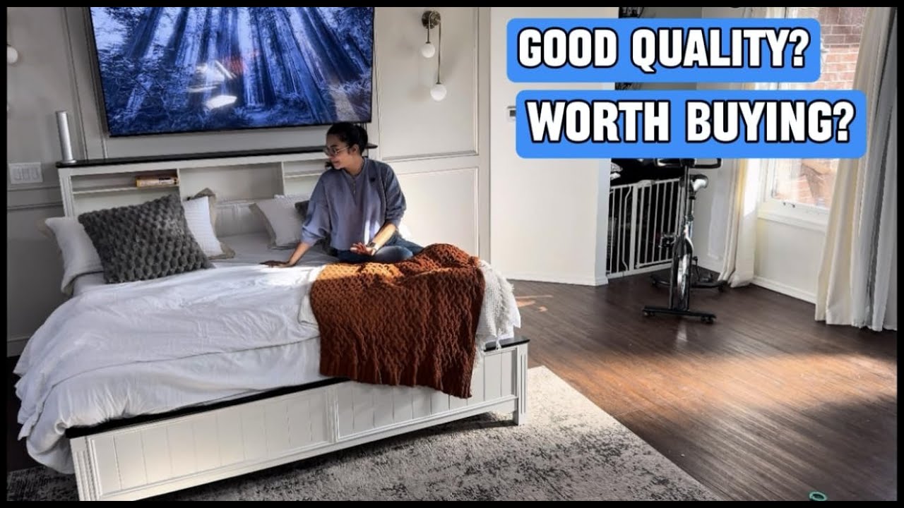 LUXOAK Bed Frame with Bookcase Headboard & 4 Drawers & 2 Detachable Bedside Stoage Racks, Farmhouse