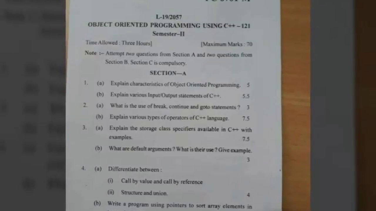OBJECT ORIENTED PROGRAMMING USING C++ || QUESTION PAPER