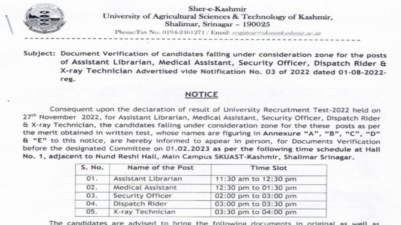 SKUAST KASHMIR//DOCUMENT VERIFICATION//Ass. Lib//Med. Ass//Sec. Officer//Dispatch Rider/X-Ray Tech.