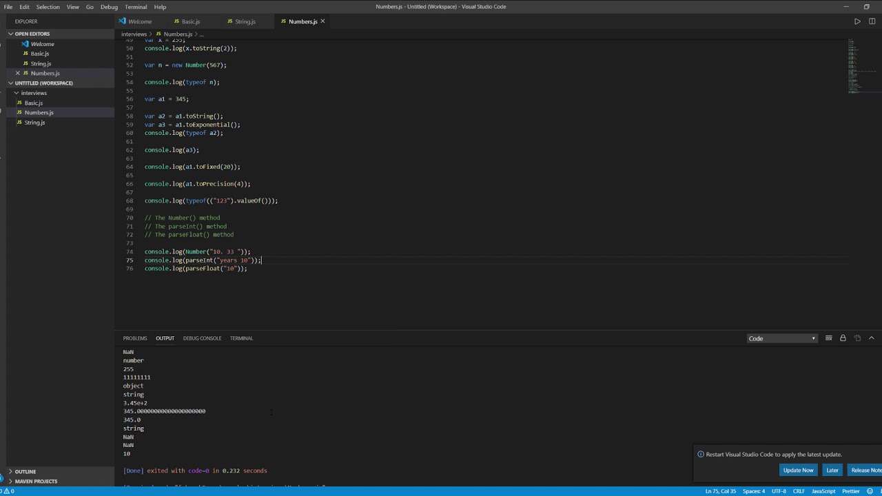 Javascript number methods Number(), parseInt(), parseFloat with example