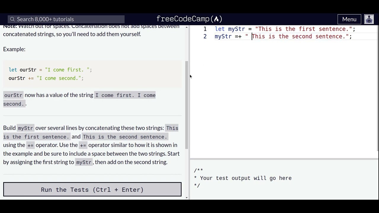 Lesson 29 | Basic JavaScript | Concatenating Strings with the Plus Equals Operator