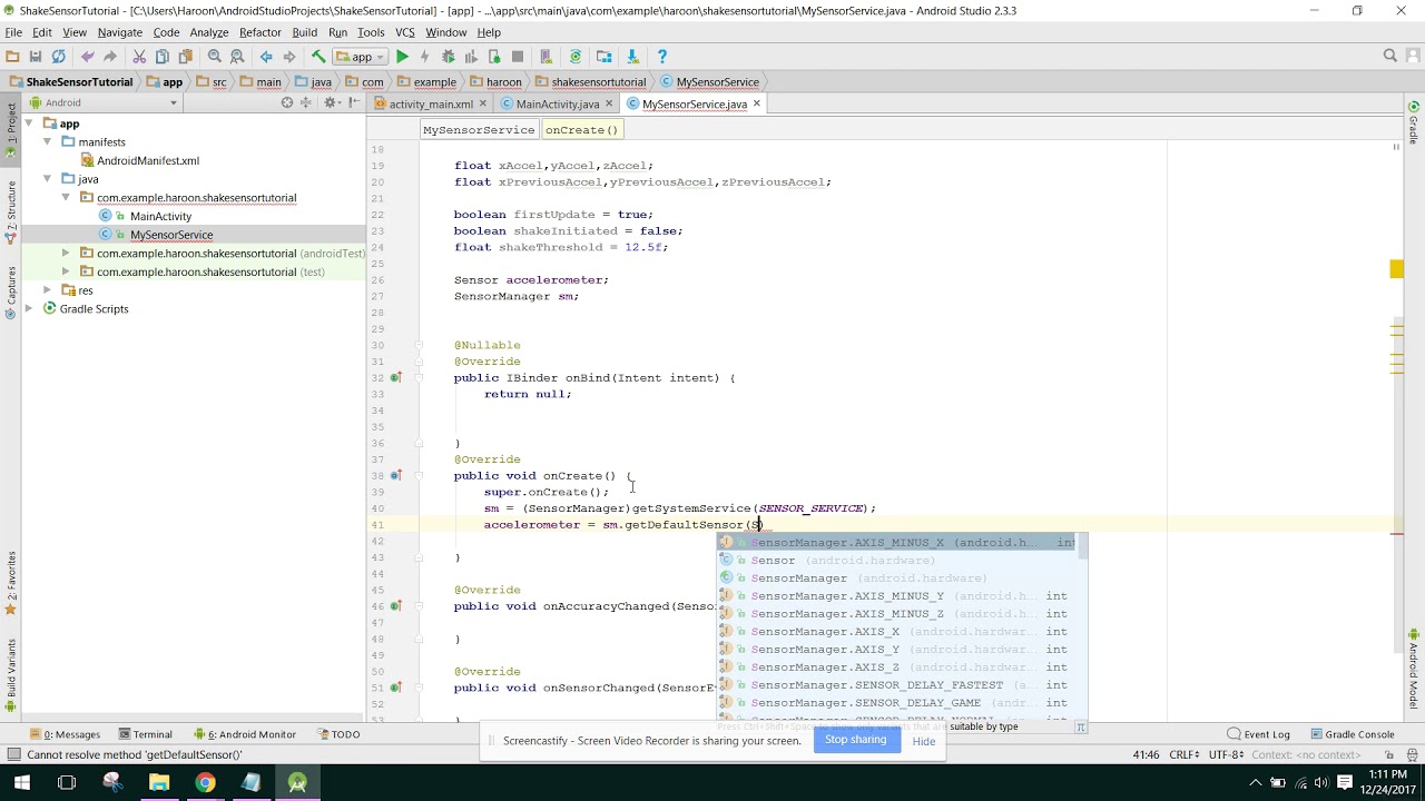 Detect Motion shake using Accelerometer sensor in Android Studio