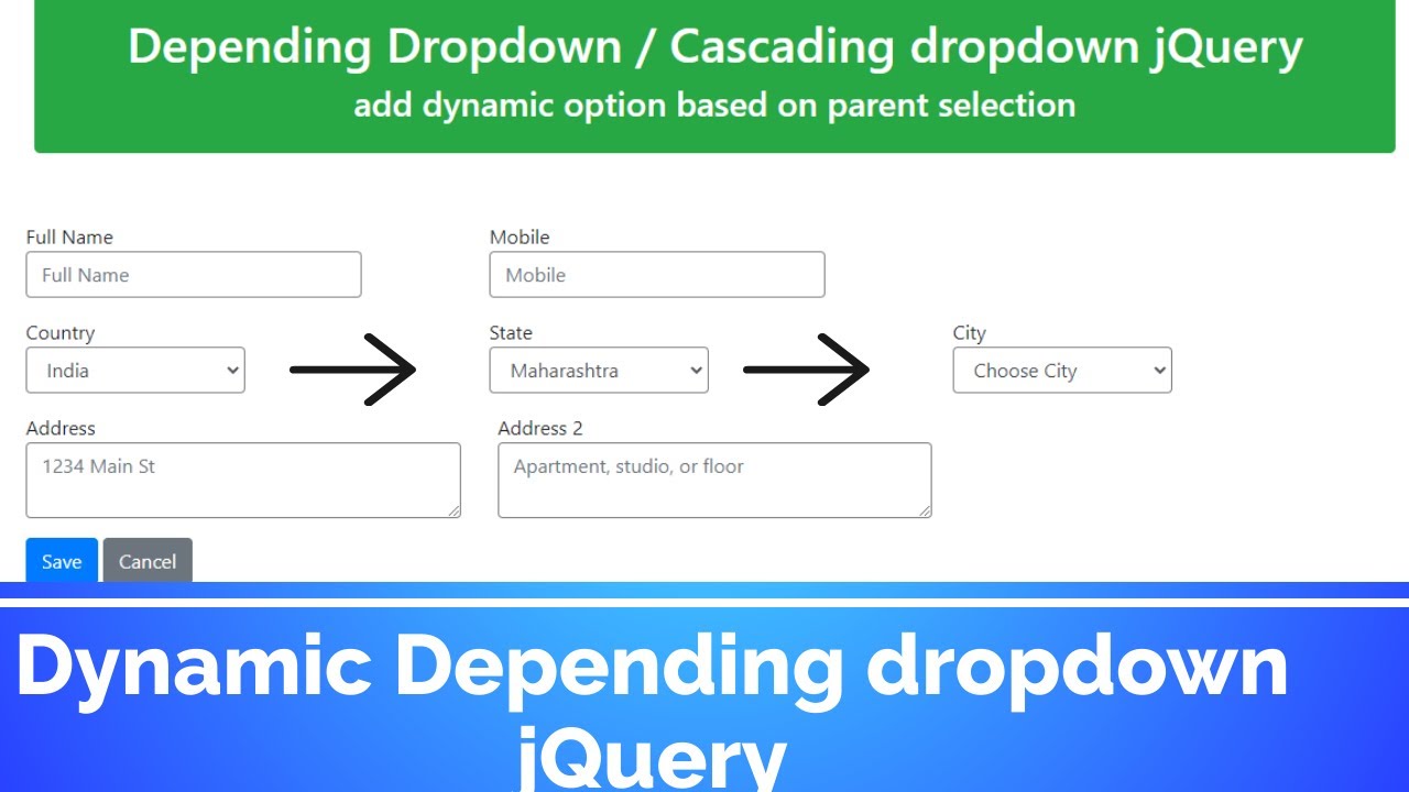Dynamic dropdown / Cascading Dropdown jQuery  | jQuery tutorial | jQuery tutorial for beginners