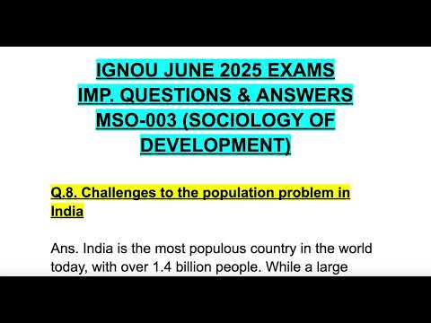 MSO-003 IGNOU JUNE 2025 EXAM IMP. QUESTION & ANSWER Challenges to the population problem in India