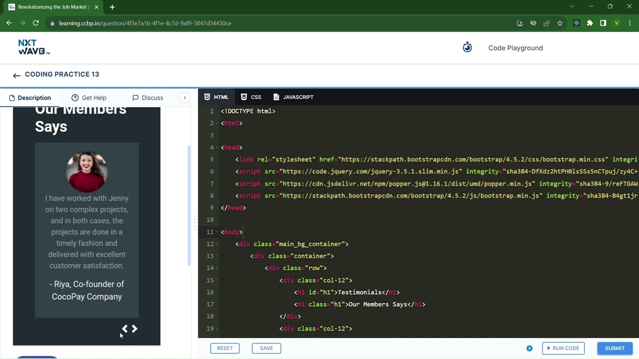 Portfolio Website Testimonials | Coding Practice 13 | HTML, CSS, Bootstrap | NxtWave | ccbp 4.o