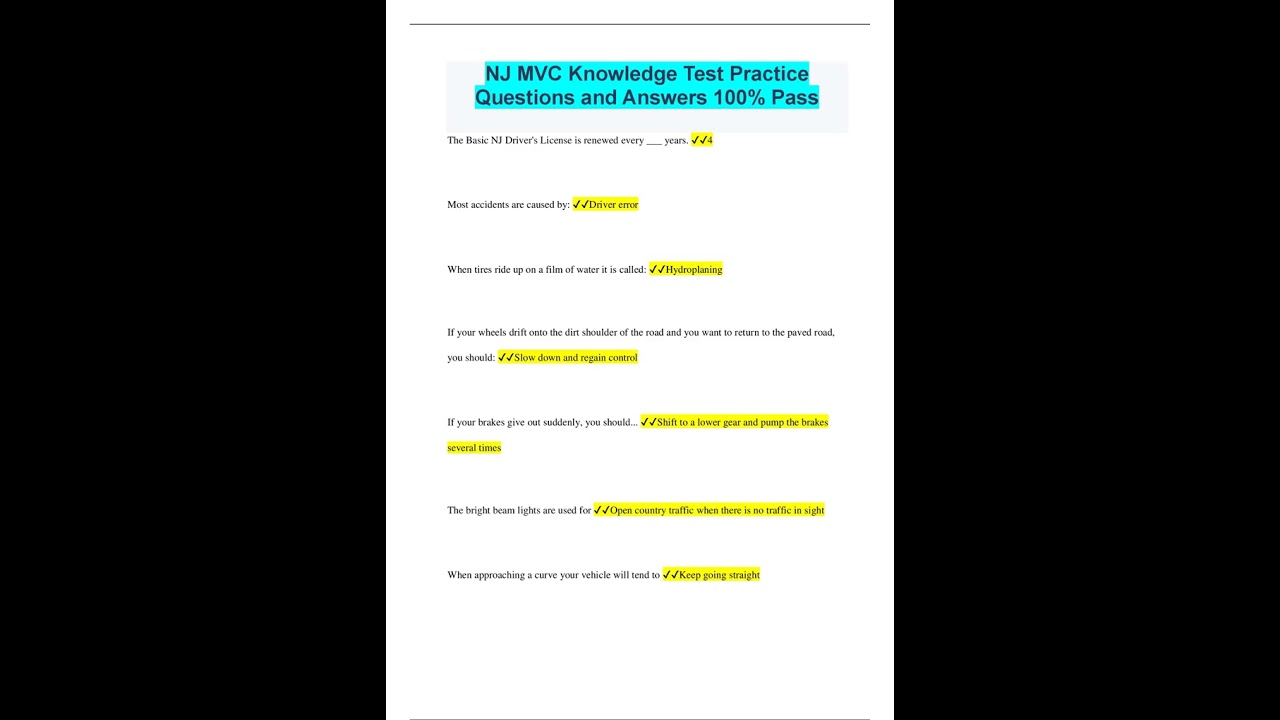 NJ MVC Knowledge Test Practice Questions and Answers 100% Pass