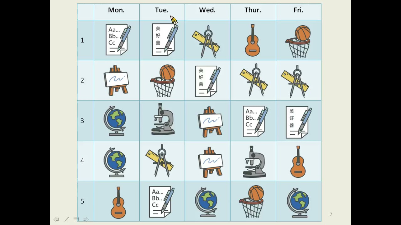 單字：Subjects - English, Chinese, science, music, PE, art, social studies ...