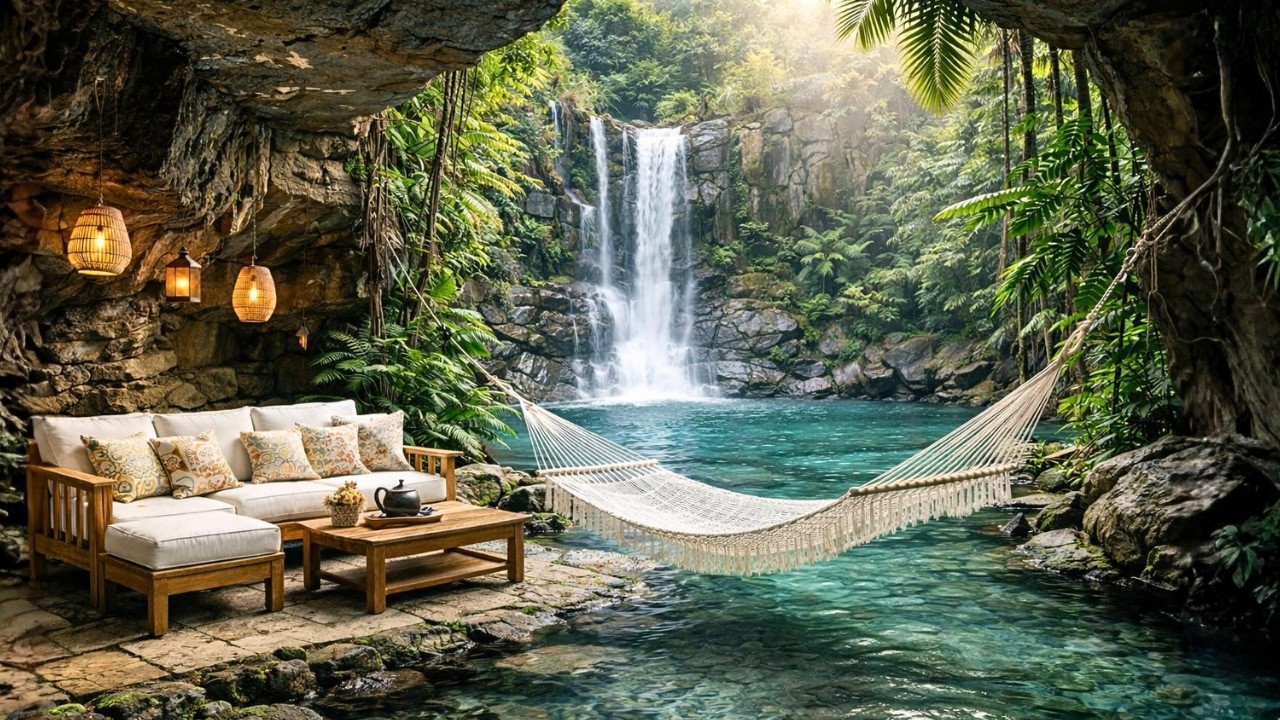 Jungle Cave Waterfall Escape 🍃💦 Forest Birds and Water Sounds for Calm Study and Focus
