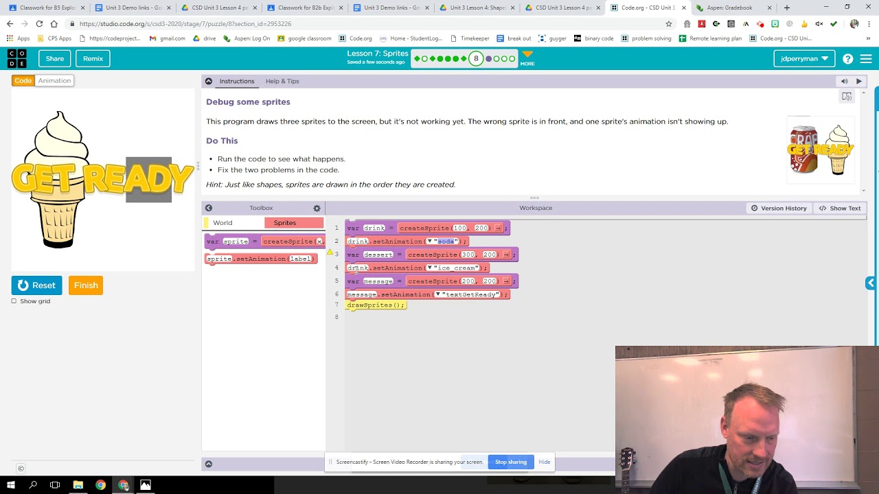Unit 3 Lesson 7 Page 8 (sprite debug)  Code.org Discoveries 20/21