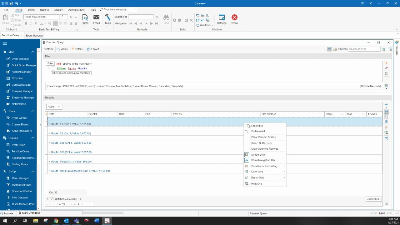 Changing Route, Stop, Expo Type fields in Caterease
