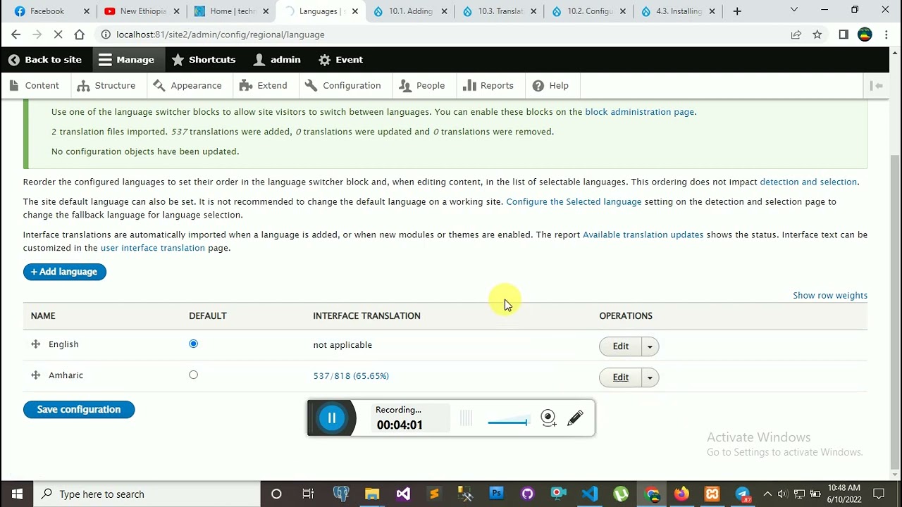 how to install module and configuring Content Translation drupal 9