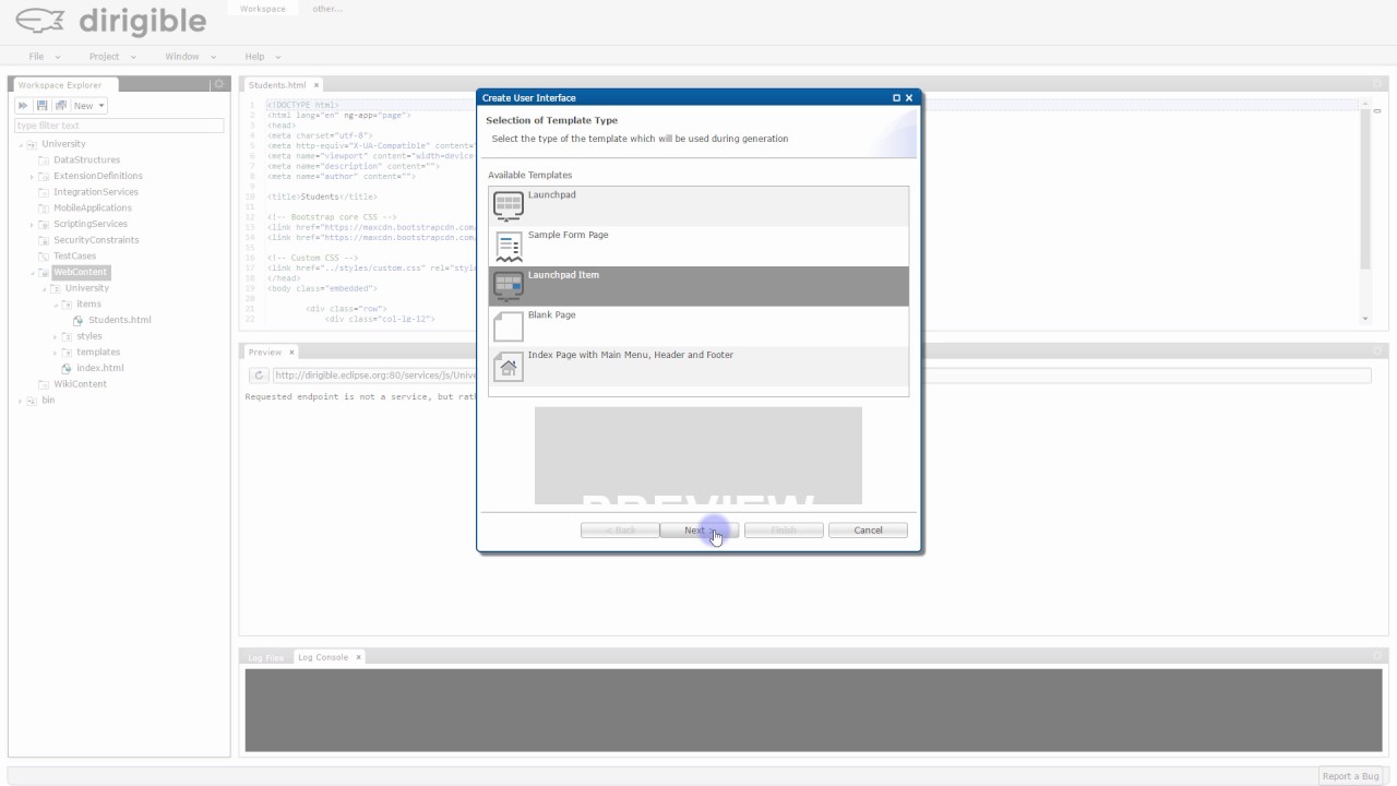 Eclipse Dirigible - Launchpad Templates