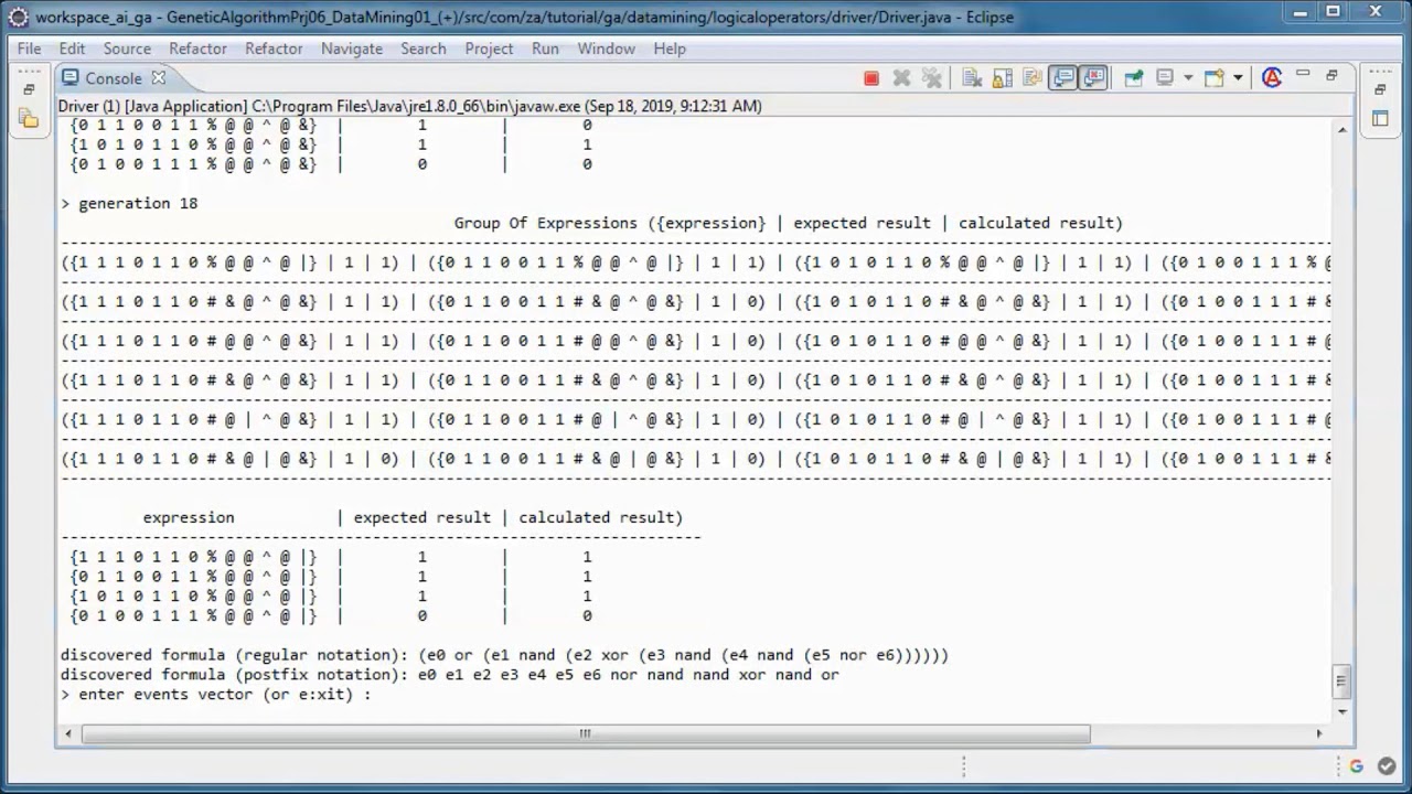 Genetic Algorithms (06+) + data mining w/ logical operators (02) - JAVA Prototype Project (+ SQLite)
