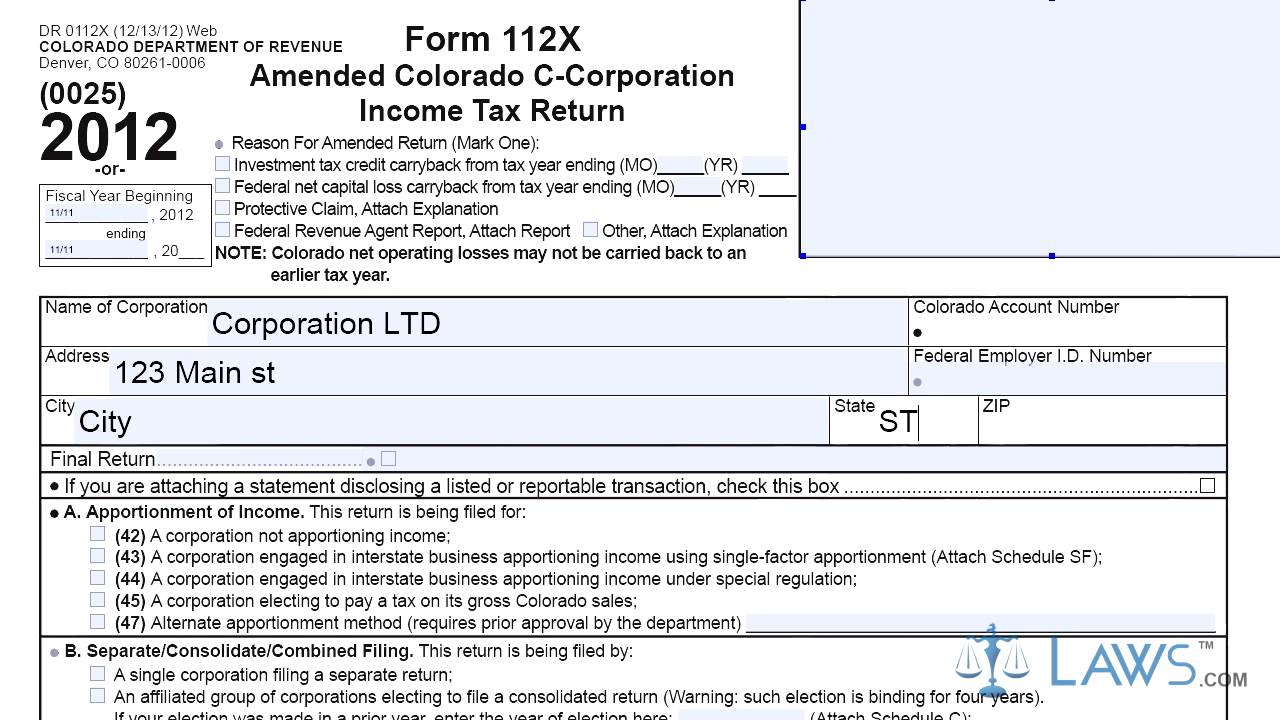 Form 112X Amended Colorado C Corporation Income Tax Return