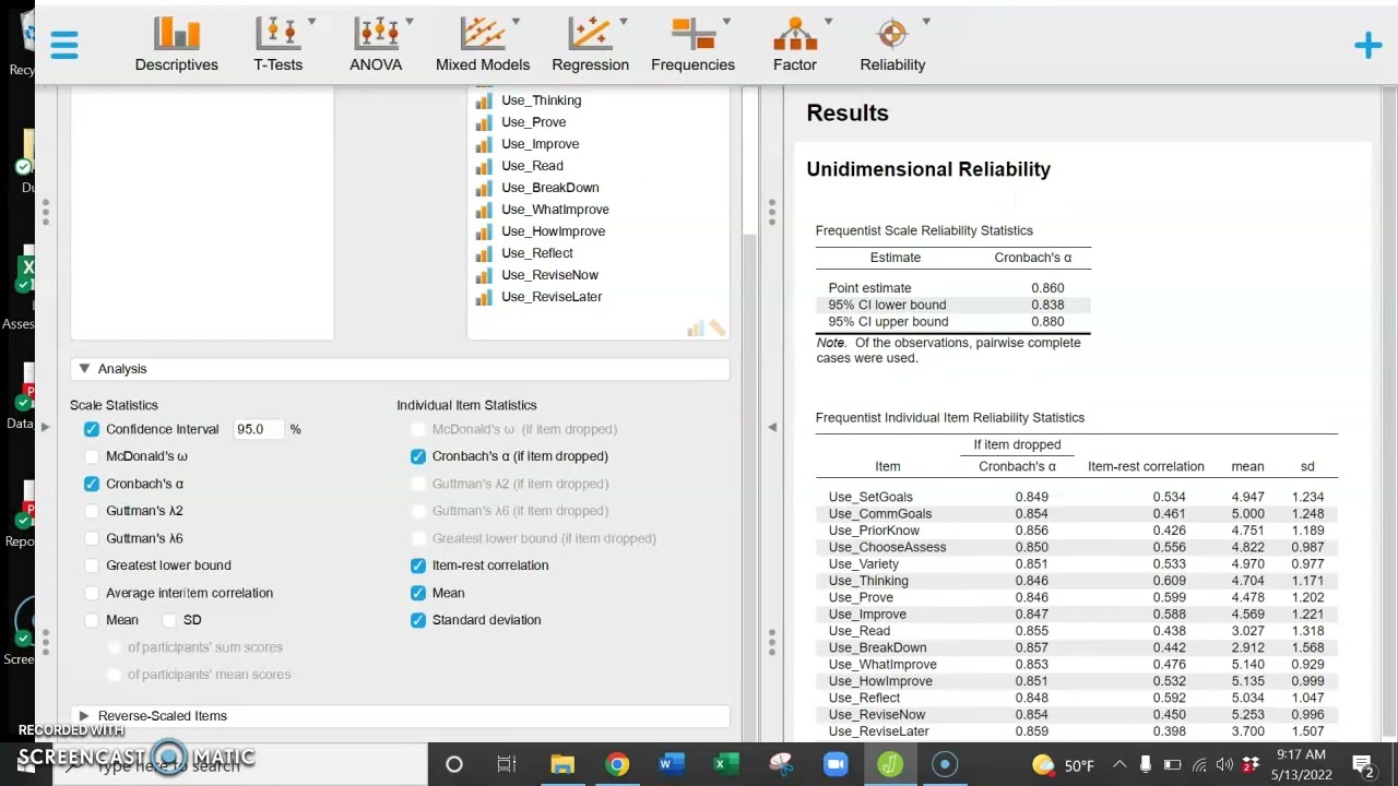 Item and reliability analysis in JASP