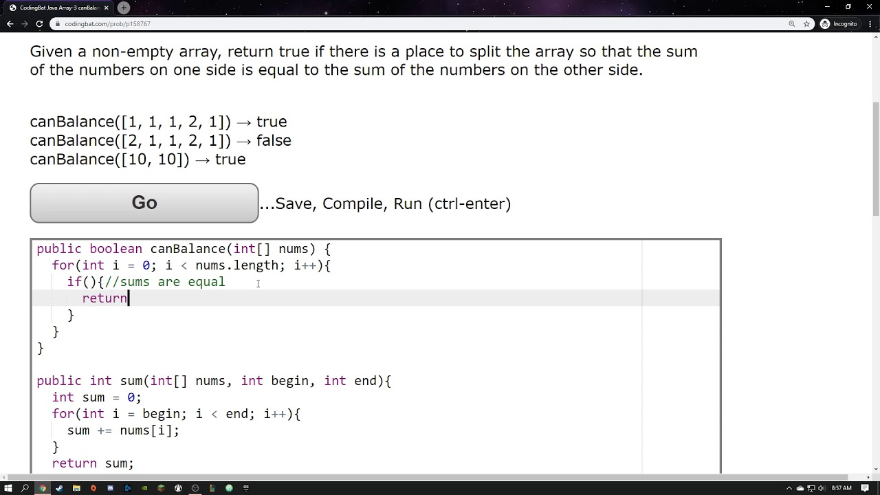 Java Coding Bat, Arrays 3, canBalance