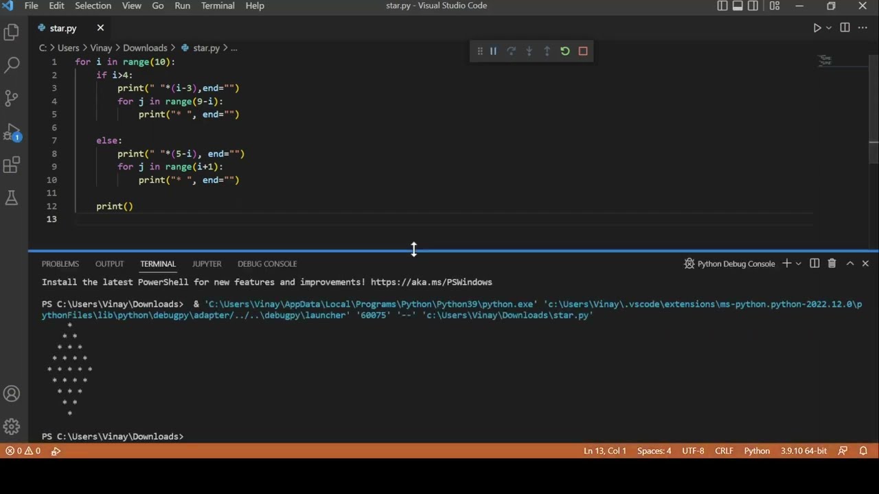 How to create Diamond pattern using asterisk(*) in Python