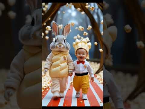 rabbit popcorn with baby boy. Cute pet debut plan. Pastoral cute pet.cute pet in the countryside