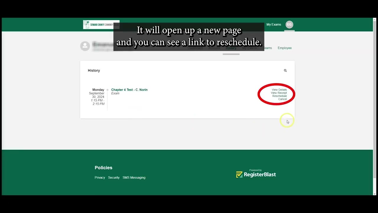 How a student reschedules a test in Register Blast 2025