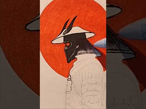 "Samurai Warrior - Ink Drawing with Striking Red & Blue Highlights" #art #sketch #draw