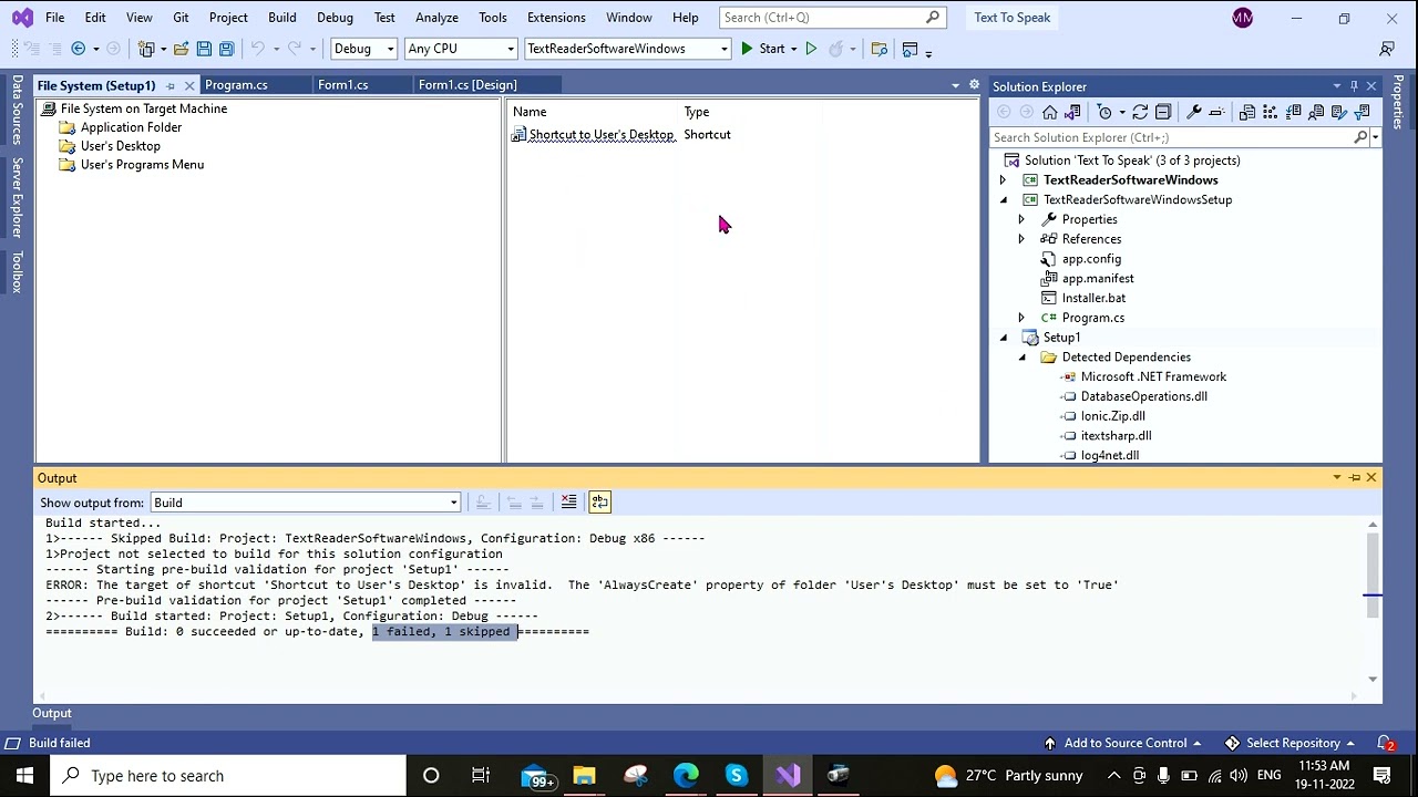Visual Studio setup project build failed problem-solution