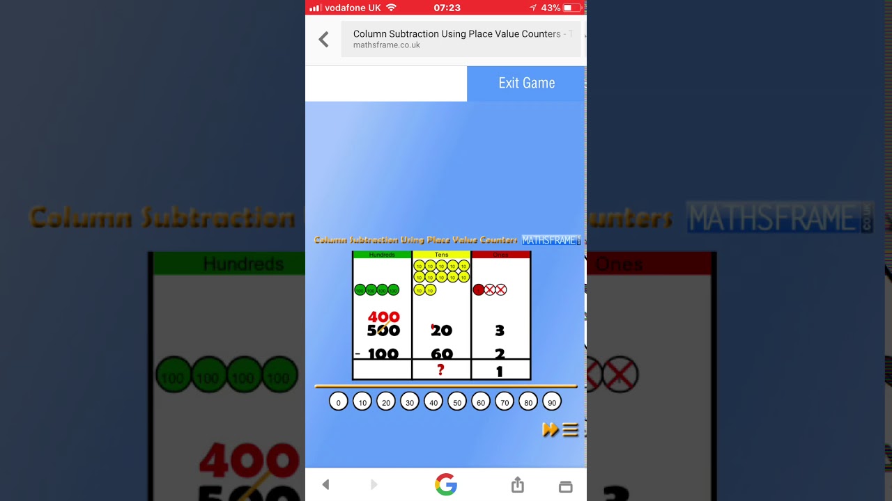 Expanded subtraction with place value counter and cards using mathsframe
