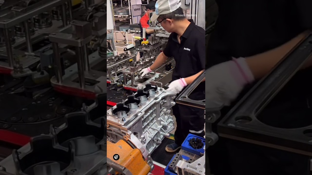Workers assembling pistons for internal combustion engines at the Geely Automobile factory