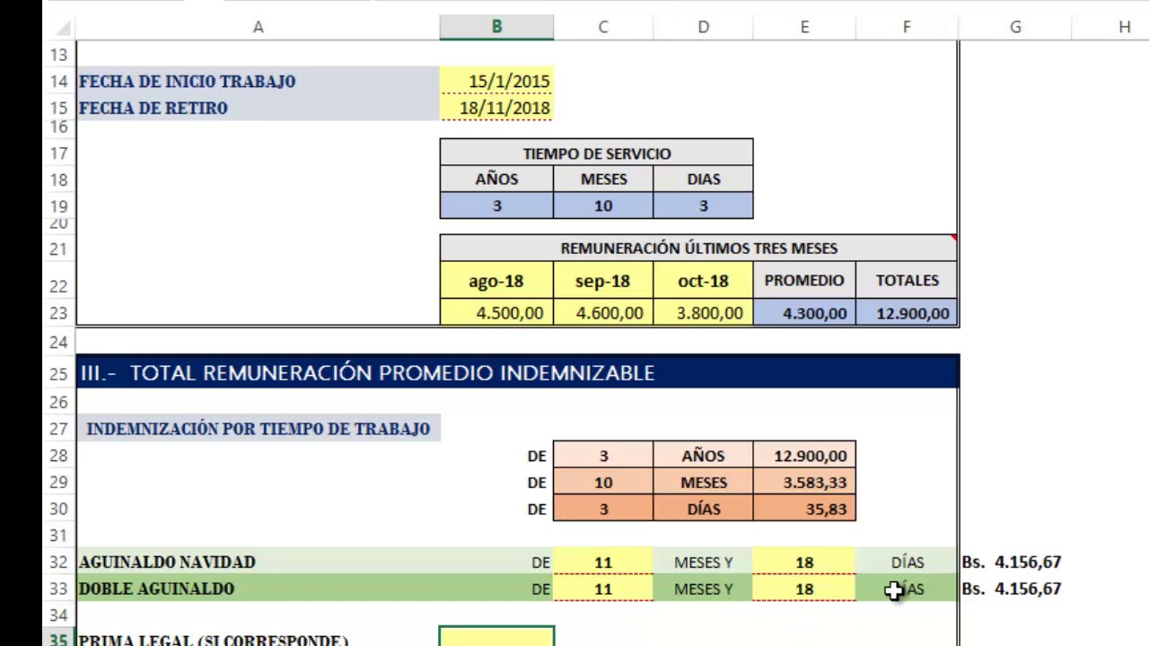 Severance Pay Calculation Format in Excel Bolivia