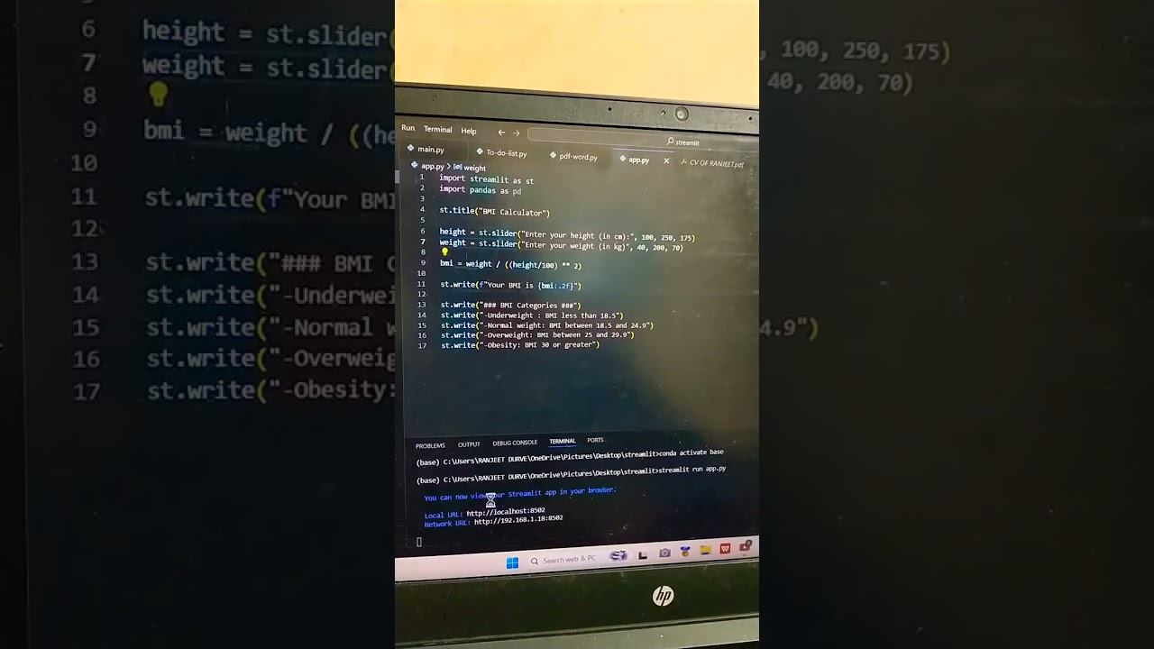 web app in Python streamlit tutorial and project BMI height and weight