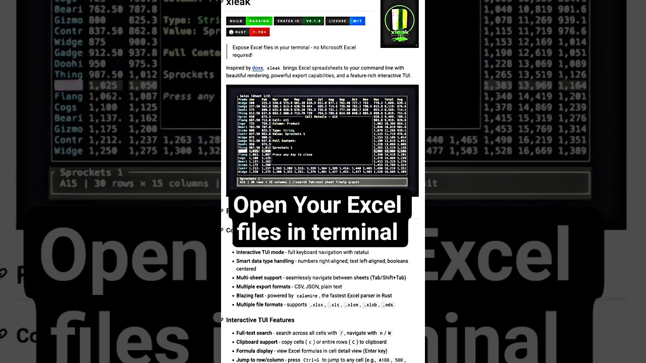 Open HUGE CSV / Excel Files in Terminal — xleak (Fast Rust TUI Viewer) #github #repohunter #linux