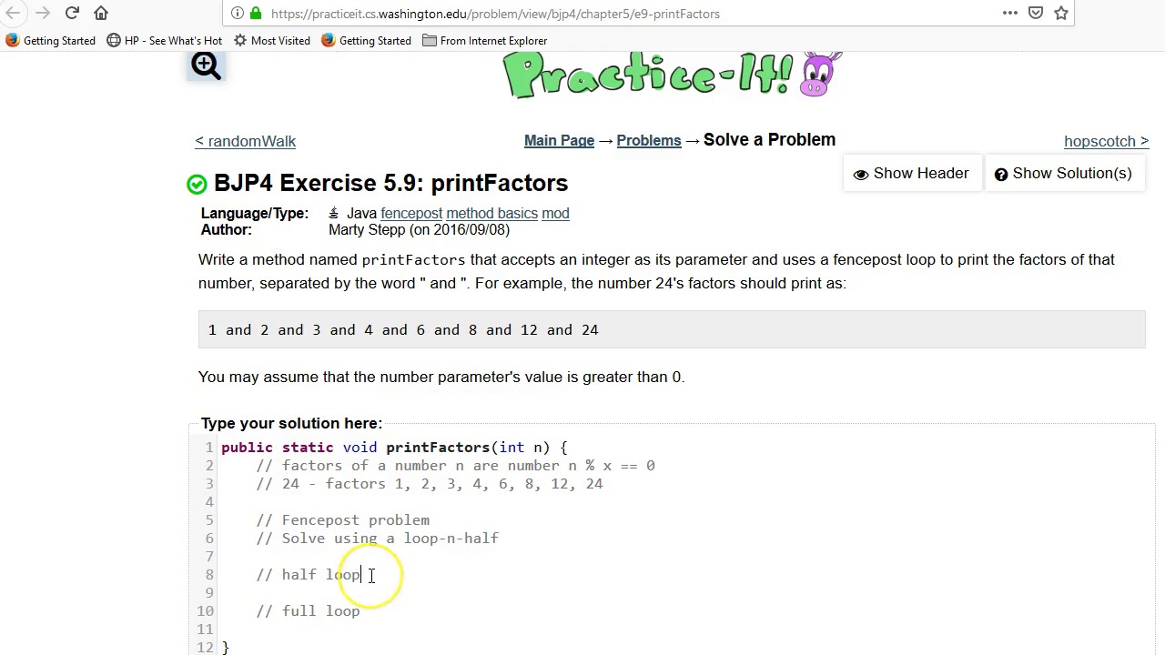 Building Java Programs Chapter 5 Exercise 5.9 printFactors
