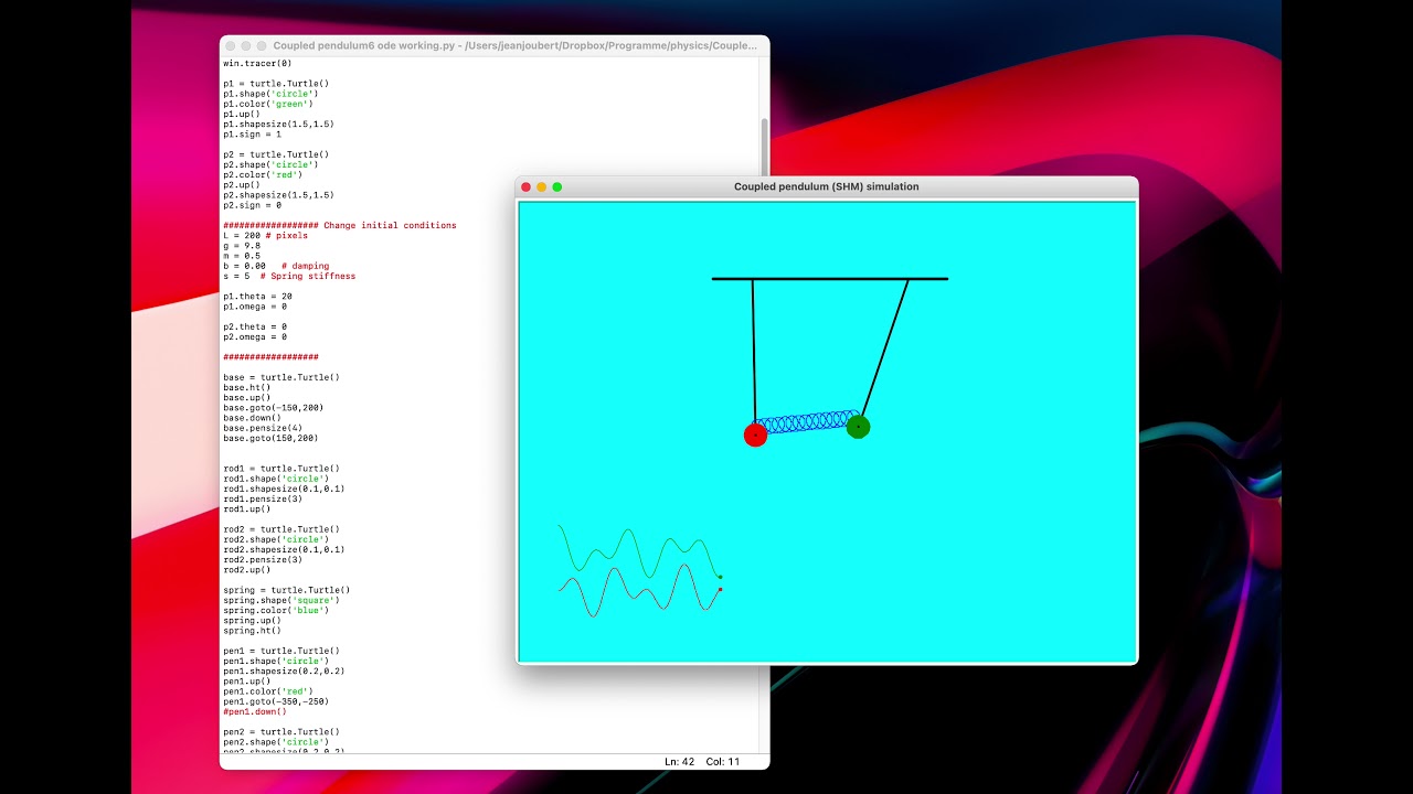 Coupled pendulum using python turtle and scipy.