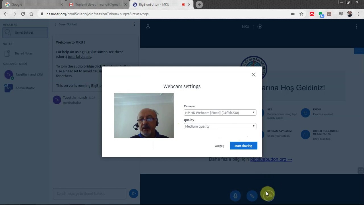 Bigbluebutton 2 katılımcı rolü - Tacettin İnandı