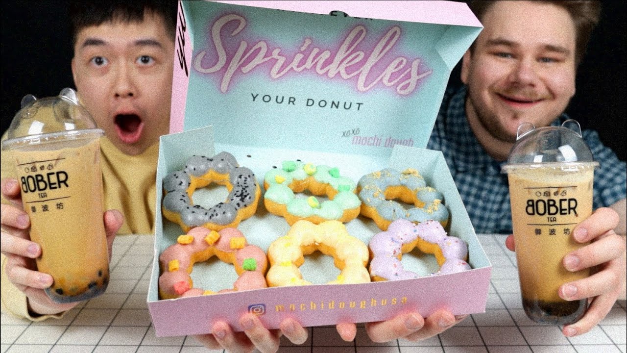 ASMR Mukbang Mochi Donuts and Boba Tea