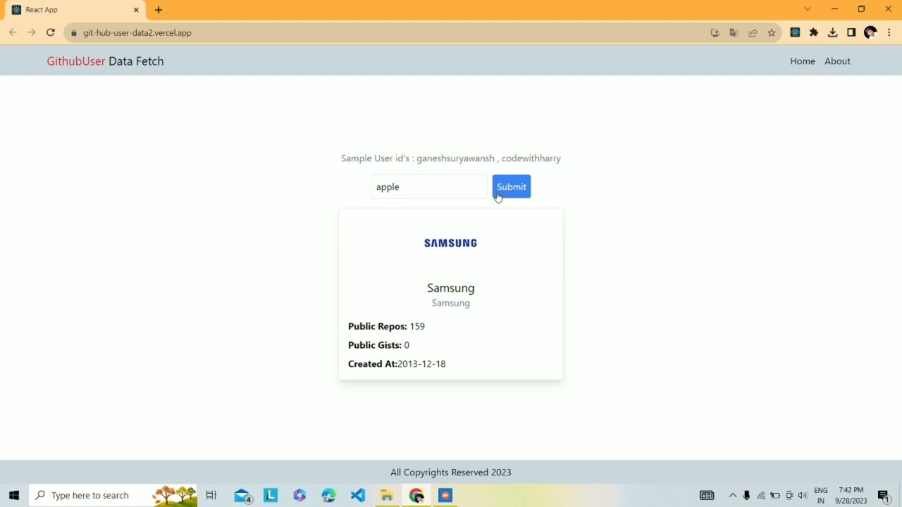 GitHub user data fetch using GitHub API | React JS | Tailwind CSS