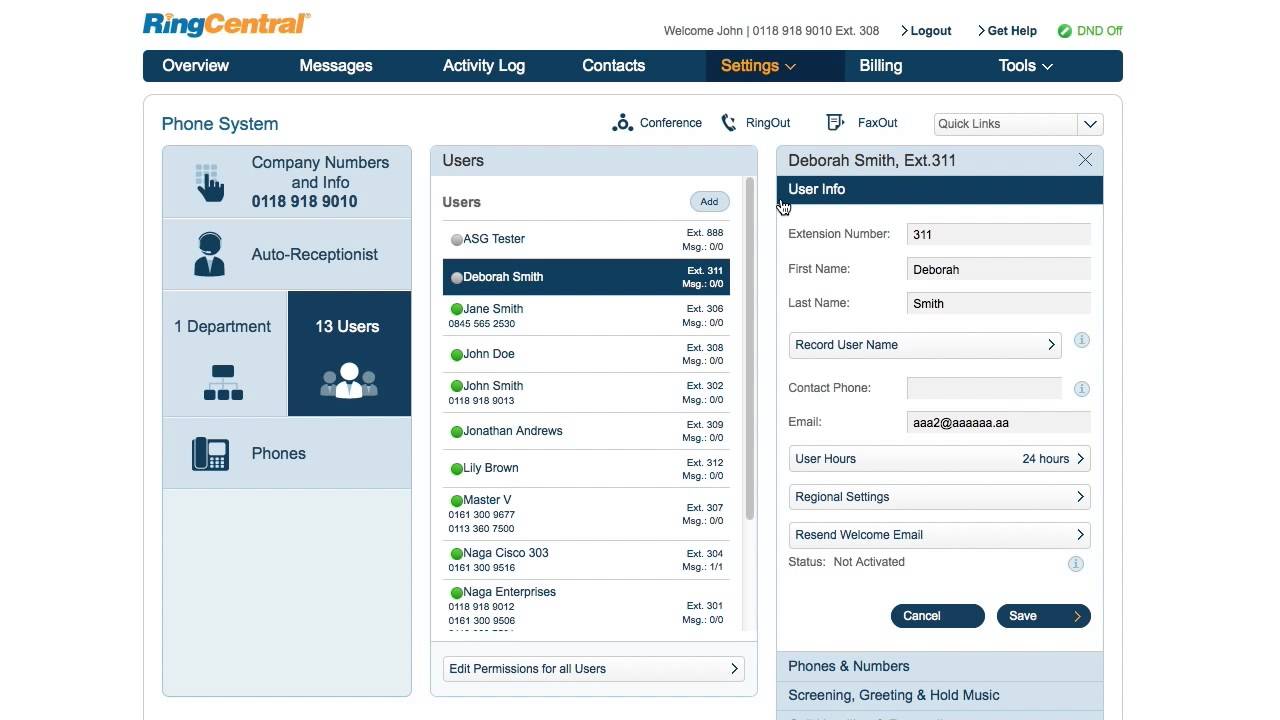 RingCentral User Section Overview