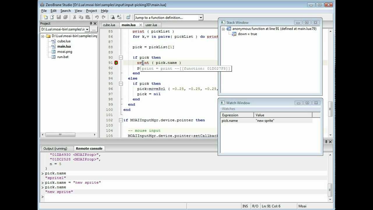 Moai debugging with ZeroBrane Studio