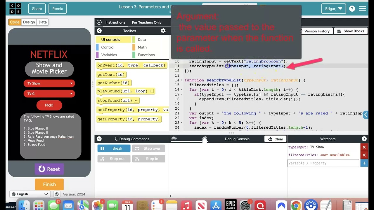 Code org Unit 7 Lesson 3 Bubble 9 Netflix Parameters