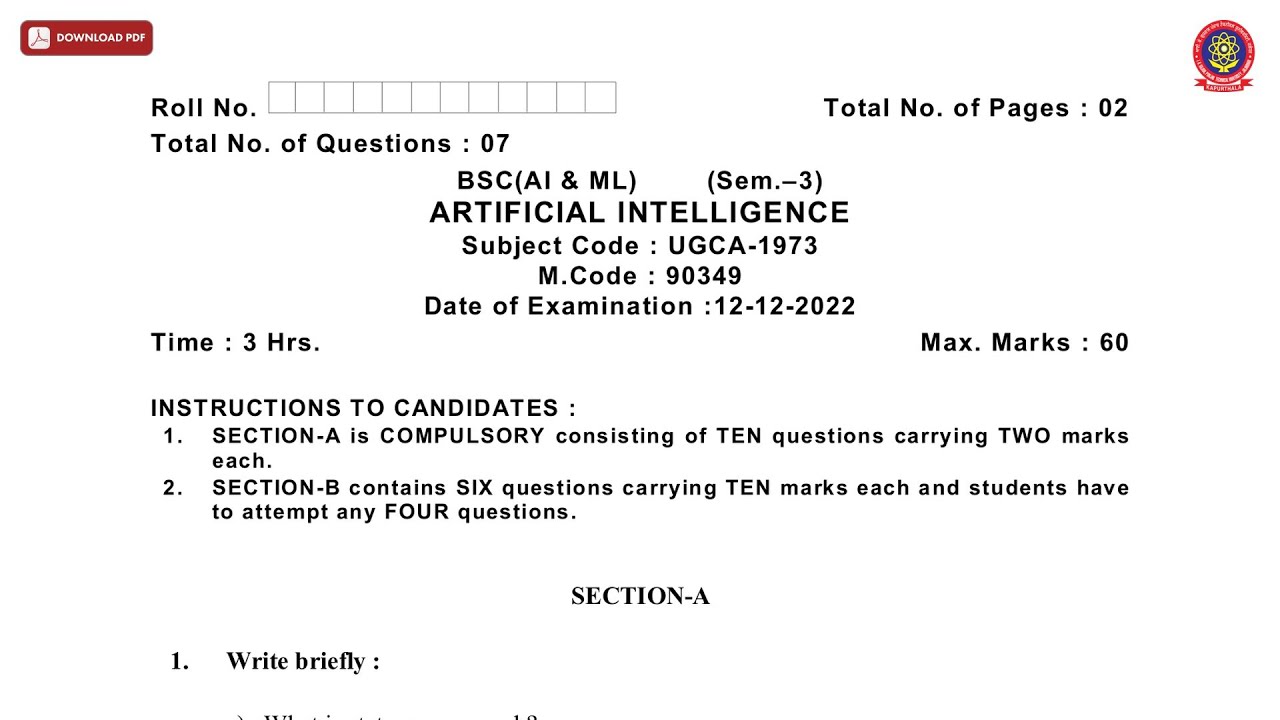 BSC 3RD SEM AIML ARTIFICIAL INTELLIGENCE DEC 2022 | PTU