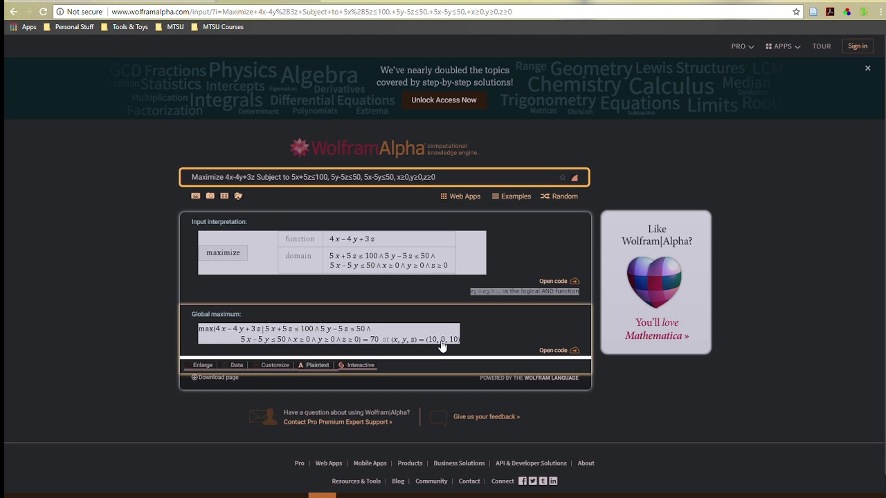 Using Wolfram Alpha to Optimize Linear Programming Systems