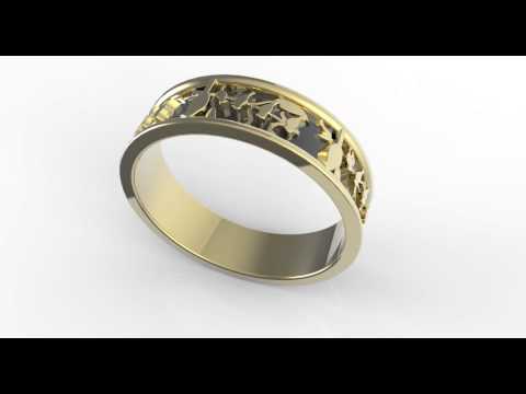 Mens Birds Leaves Wedding Band-Unique Black and Yellow Gold Ring