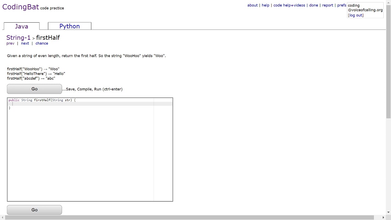 String-1 (firstHalf) Java Tutorial || Codingbat.com