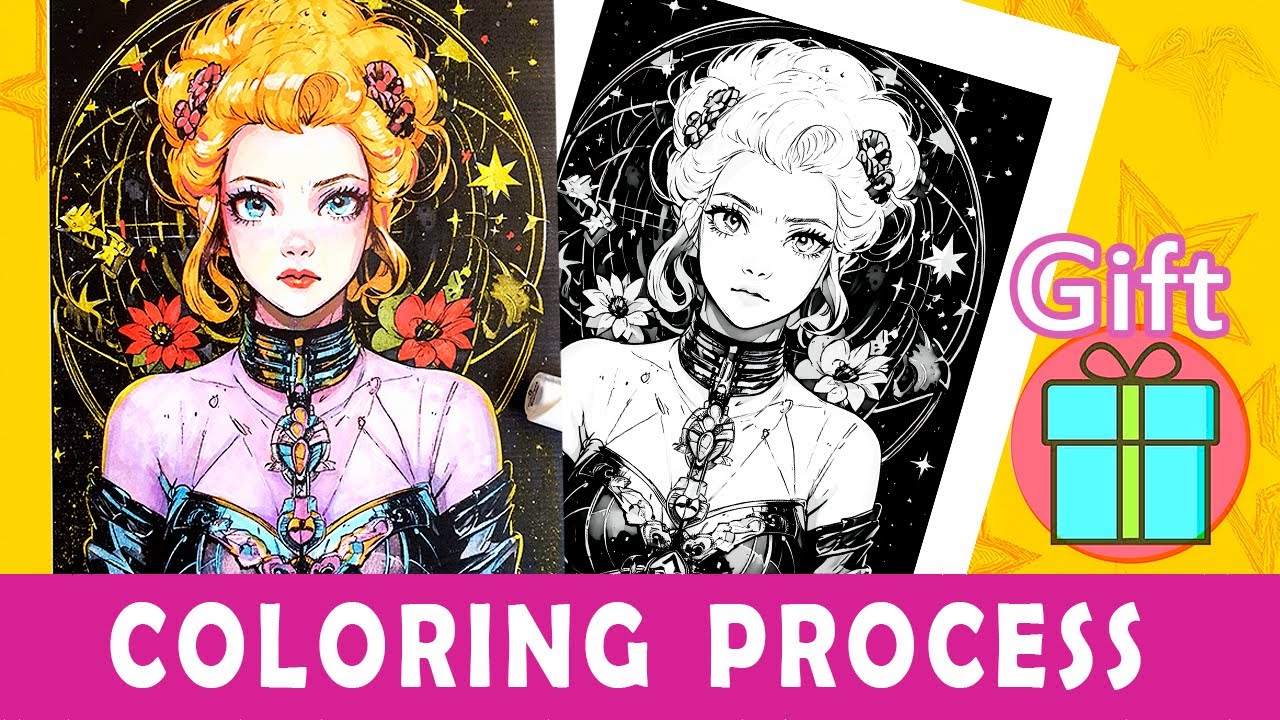 Coloring a Free Printable: Anime Girl Under a Starry Night Surrounded by Nature 🌌✨