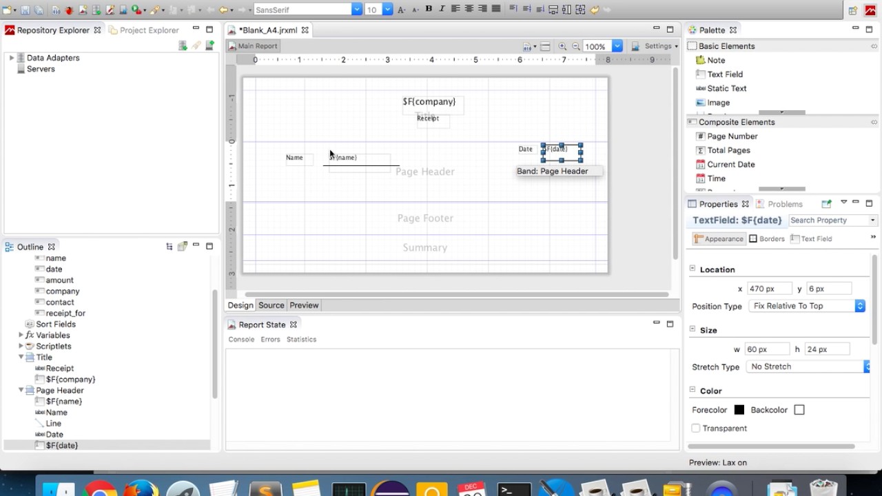 Creating a sample receipt in Jaspersoft Studio.