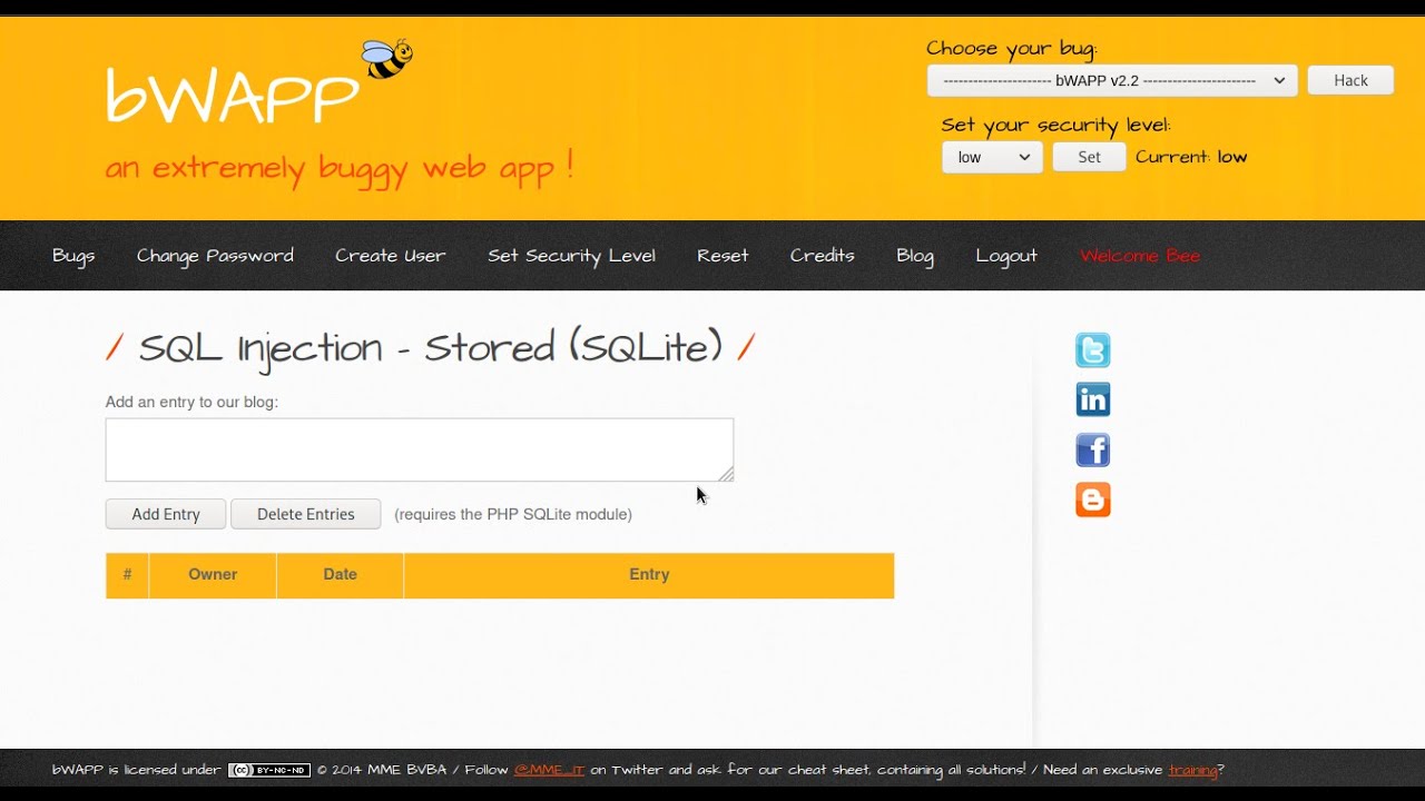 SQL Injection   Stored SQLite   Low Security Level