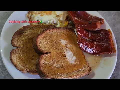 Custard Cinnamon French Toast Surve with Hot Sausage and fried eggs yummy 😋