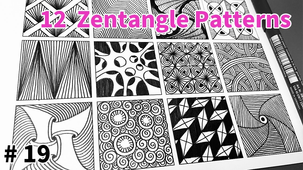 12 Zentangle Patterns Tutorial  Step by Step  for Beginners #19  |  12 Doodle Patterns