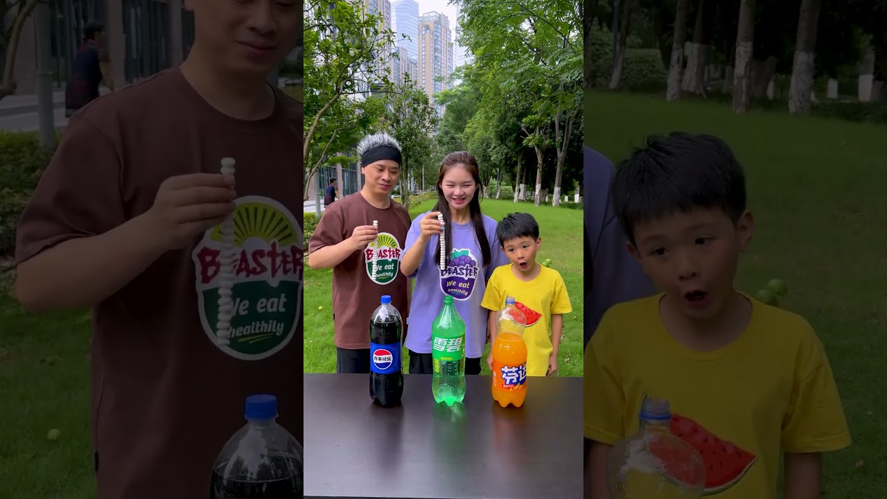 Whose Coke fountain is higher? So funny! #FunnyFamily#PartyGames