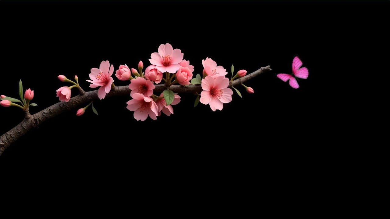 Cherry blossom branch black screen | Pink sakura flowers black background | Free overlay video