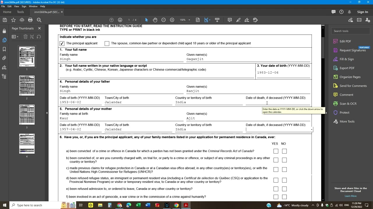 How to fill IMM 5669 E schedule A background/declaration form
